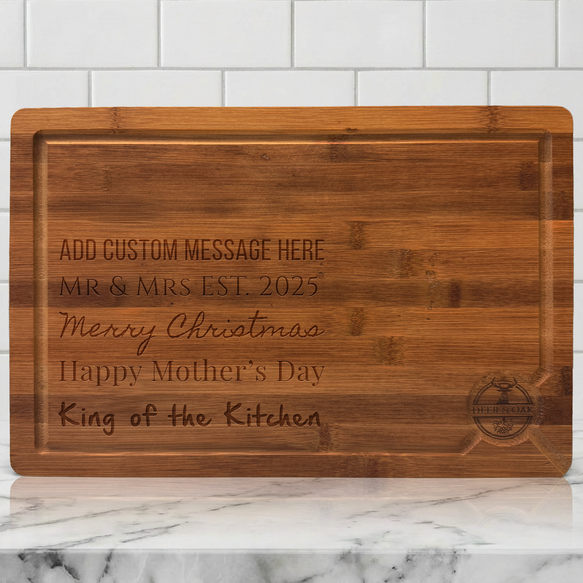 Personalised Carbonised Wooden Bamboo Chopping Board | Large – Deer & Oak
